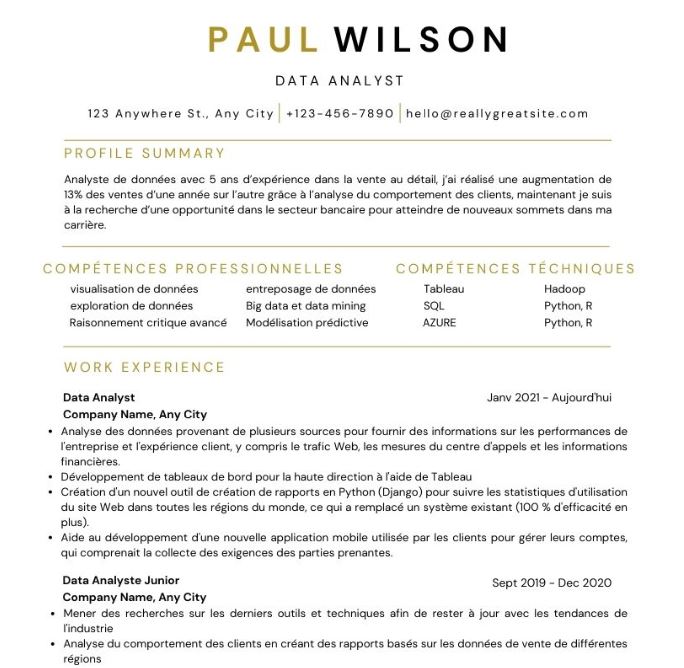 Exemple de CV Data Analyst - Cadremploi